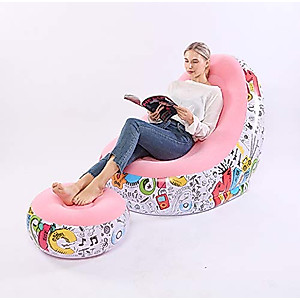 RITONS Inflatable Lounge Chair with Ottoman Blow Up Chaise Lounge Air Lazy Sofa Set Flocked Couch Portable Inflatable Seats for Lounge Inflatable Deck Chair for Indoor & Outdoor (Macaron Pink)