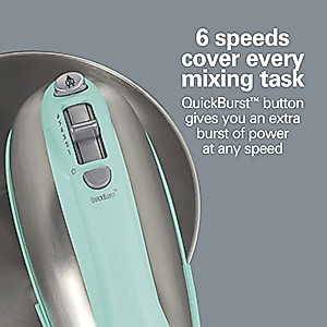 Hamilton Beach Classic Stand and Hand Mixer, 4 Quarts, 6 Speeds with QuickBurst, Bowl Rest, 290 Watts Peak Power, Blue (64658)