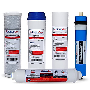 LiquaGen Filter Pack for 5 Stage Replacement Water Filter Set for Reverse Osmosis System's | Home Drinking Water Purifier Kit | Universal Standard Compatibility (100 GPD)