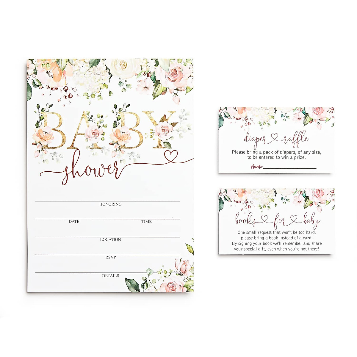 All Ewired Up Wildflower Baby Shower Invitations for Girl with Envelopes, 25 Invites, Diaper Raffle Tickets, Baby Shower Book Request Cards - Watercolor Gold Blush Greenery (Large Size 5X7”)