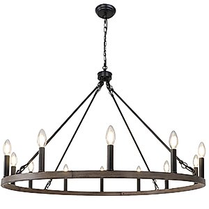 WBinDX 12 Lights Wagon Wheel Chandelier, 38.2 Inch Large Black Faux Wood Metal Farmhouse Chandelier Lighting, Rustic Candle Round Chandeliers for Living Room Foyer Entryway High Ceilings