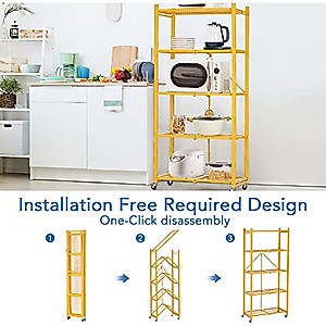ShanSon Storage Shelves with Wheels 5 Tier Heavy Duty Foldable Metal Rack Storage Shelving Units for Garage Kitchen，Yellow