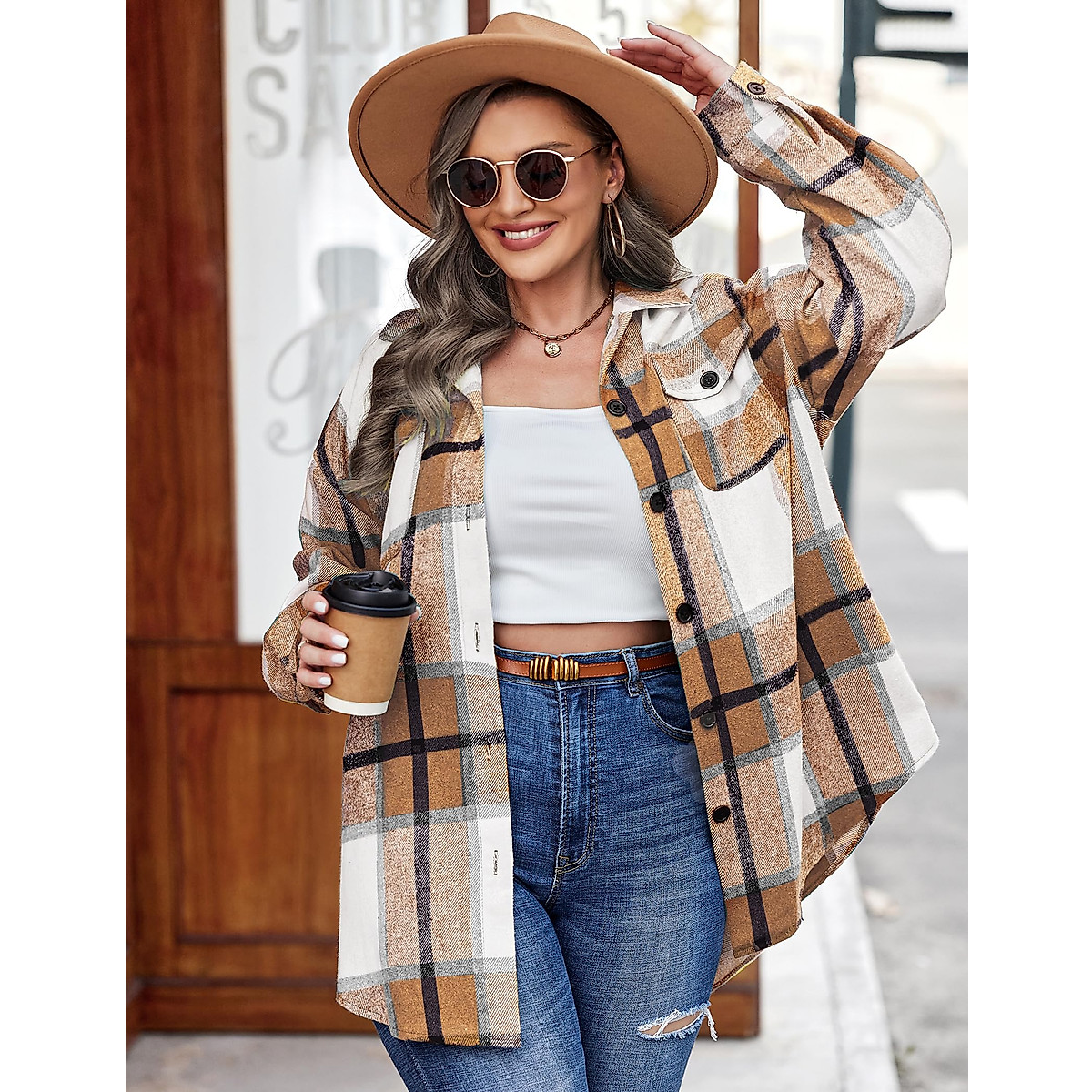 IN'VOLAND Women's Plus Size Flannel Plaid Shacket Casual Button Down Long Sleeve Flannel Shirts Lapel Fall Brown Jacket 20W
