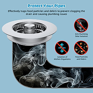 Hibbent All Metal Stainless Steel 3 in 1 Kitchen Sink Drain Strainer, Upgraded Anti-Rust Sink Stop Combo, Anti-Clogging Stainless Steel Basket Strainer with Metal Handle for US Standard 3-1/2" Drain