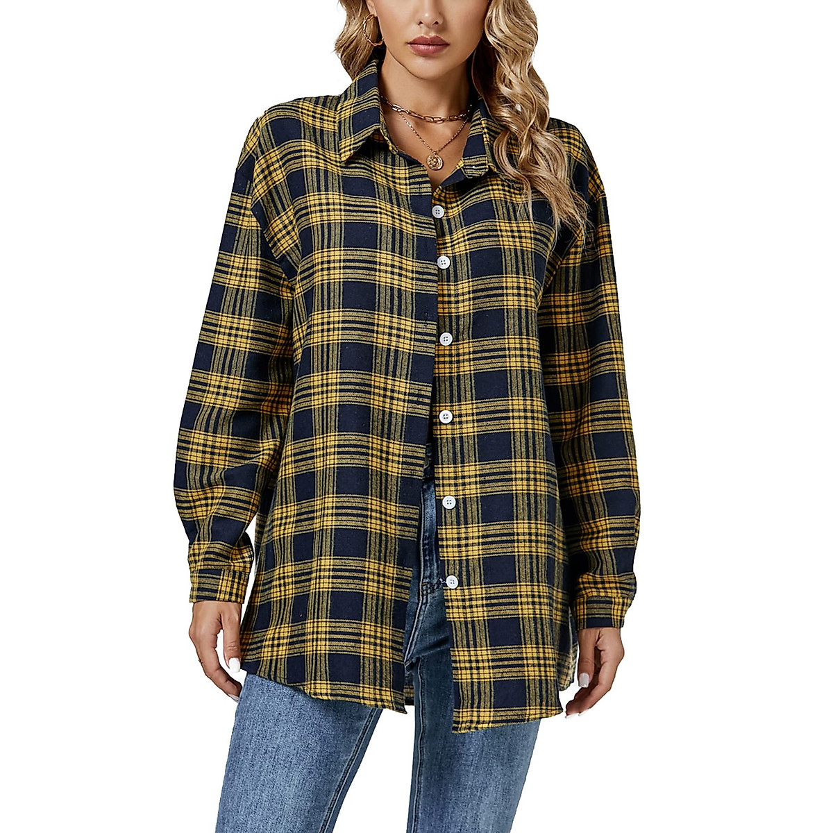 LYANER Women's Long Sleeve Plaid Collar Button Down Boyfriend Shirt Blouse Top Yellow and Blue Large