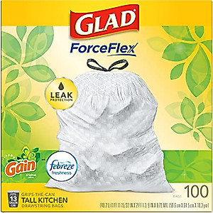 GLAD ForceFlex Tall Drawstring Trash Bags, 13 Gallon White Trash Bags for Tall Kitchen Trash Can, Gain Original Scent to Eliminate Odors, 100 Count - Packaging May Vary