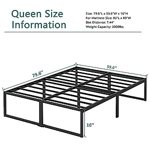 XINXINYAN 16 Inch Queen Bed Frame, No Box Spring Needed, Heavy Duty Metal Platform Queen Size Bed Frame, Strong Steel Slats Support, Noise Free, Easy Assembly, Black