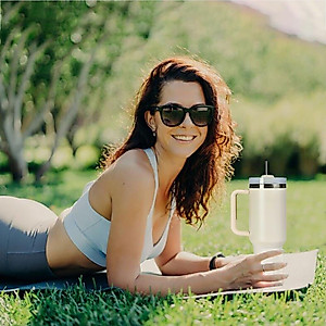 ROPFEE Stainless Steel 40 oz Tumbler Cup with Handle and Drinking Straw Lid| Insulated Tumbler with Silicone Boot | Large Travel Water Bottle | Christmas/Birthday Gift for Him/Her (Cream White)