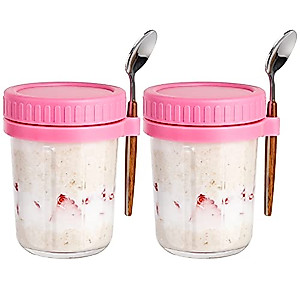 HAPTIME Overnight Oats Containers with Lid and Spoon Set of 2, 16 Oz Overnight Oats Jars, Oatmeal Cup, Wide Mouth Mason Jar, Leak-Proof Storage Container for Cereal, Milk, Salad, Fruit