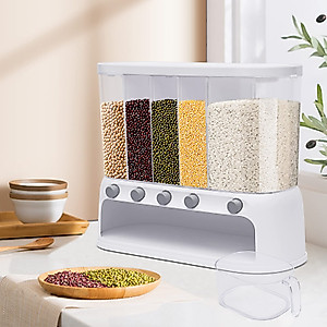 Gdrasuya10 22Lbs Rice and Grain Dispenser, 5-Grid Kitchen Dry Food Container with Airtight Moisture Lid, 1-Click Output Transparent Rice Storage with Measuring Cup for Cereal, Flour, Beans