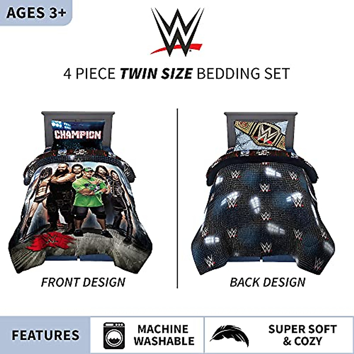 WWE Kids Bedding Comforter and Sheet Set, 4 Piece Twin Size, by WWE, Black/Multicolor
