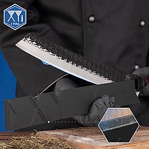 XYJ Japanese Chef Knife With Knife Guards Protector,Sharpener Rod,Carving Brisket Knives,Camping Butcher Kitchen Knives,Curved Full Tang (14.5 Inch)