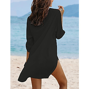 Ekouaer Beach Cover Ups for Women V Neck Bathing Suit Cover Up Bikini Swimsuit Coverup Beach Dress Shirt Black