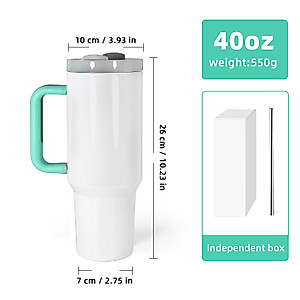 AGH 2 Pack 40 oz Sublimation White Tumbler with Blue Handle and Stainless Steel Straw, Insulated Double Wall Vacuum Reusable Cups with Leakproof Lid, Travel Mugs Blank for Party,Home,Driving,Office