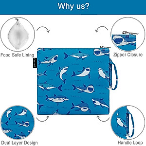 Reusable Sandwich Bag/Snack Bag for Kids & Adults, Dual Layer Lunch Bag with Handle, Washable, Food Safe, BPA Free (1-Pack, Shark)