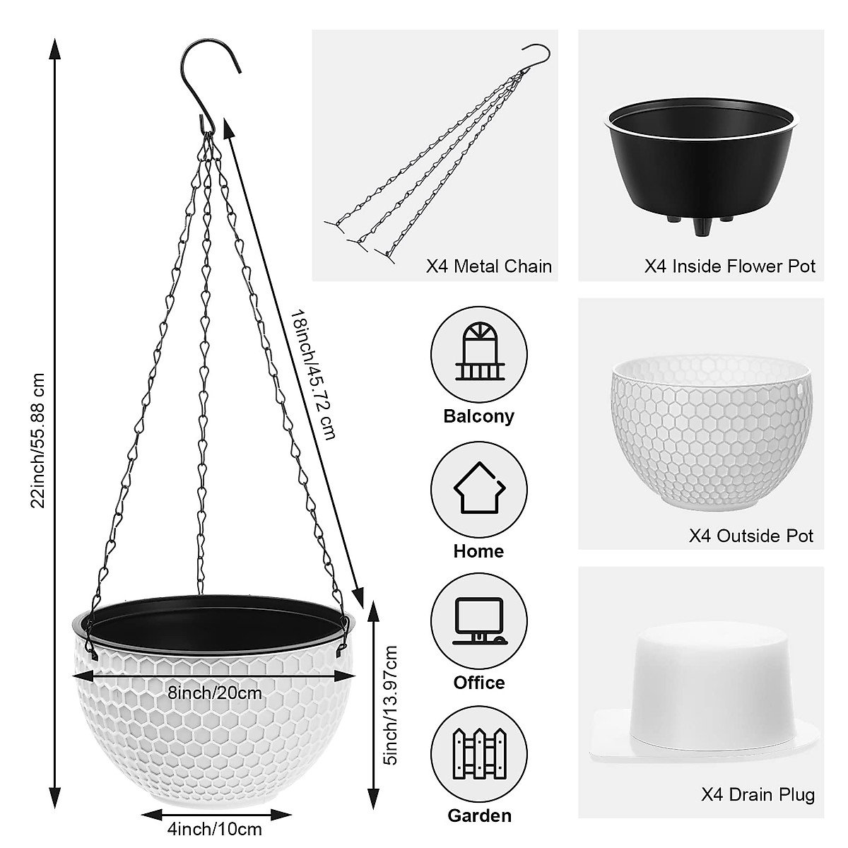 Gejoy 4 Pieces Self Watering Hanging Planter for Outdoor Indoor Plants 8 Inch Plastic Plant Hanger with Drain Hole and Chain Flower Plant Pot Hanging Basket Garden Planters and Pot, White
