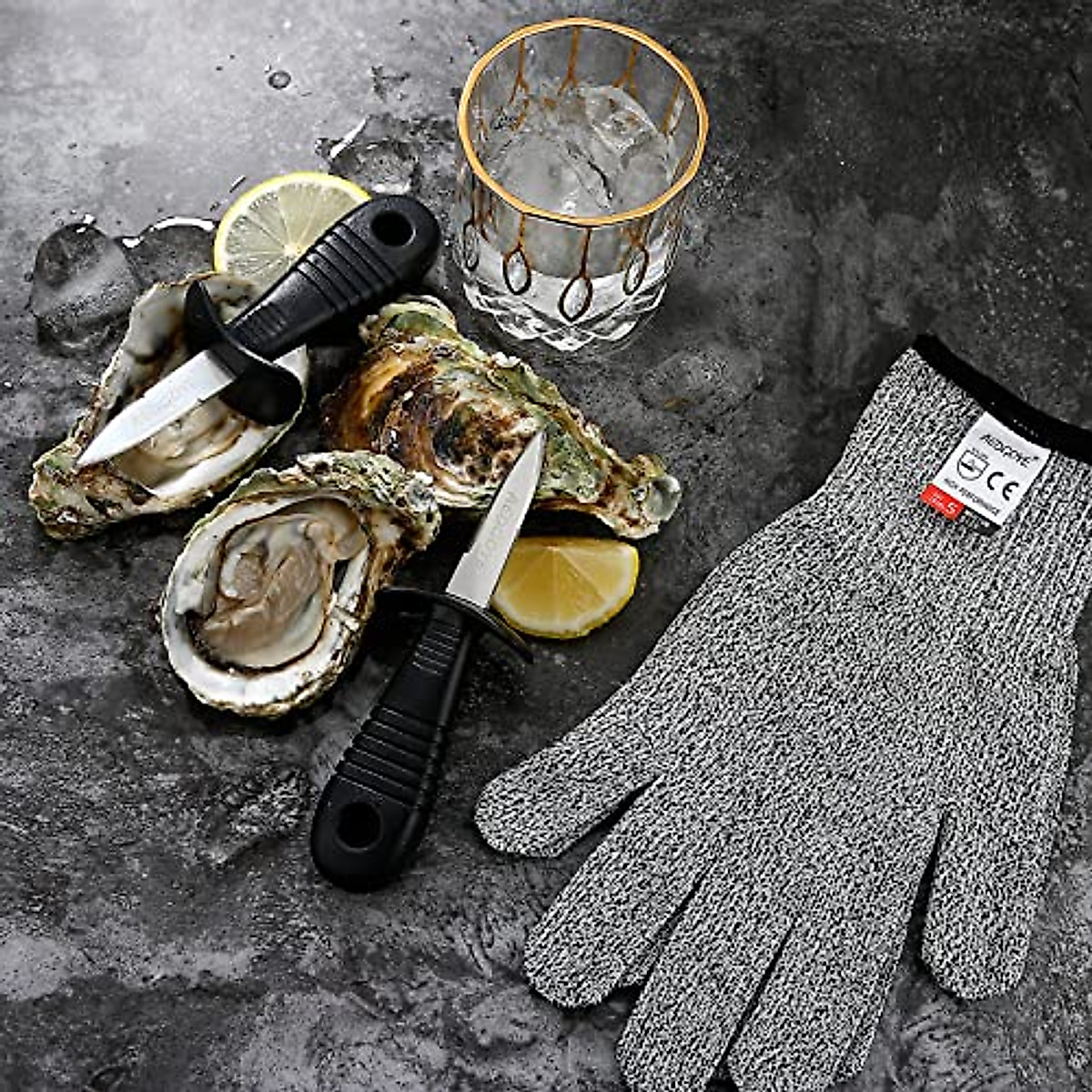 Oyster Shucking Knife -High Performance Level 5 Protection Food Grade Cut Resistant Gloves Stainless Steel Clam Shellfish Seafood Opener (1 pair gloves + 2 knives)(S)
