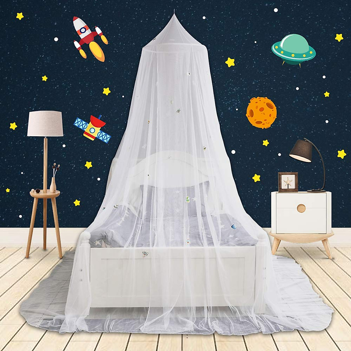 NFGMFMQSHDF Bed Canopy with Glow in The Dark Spaceworld, Modern White Bed Curtain for Girls, Kids & Babies, Fire Retardant Fabric
