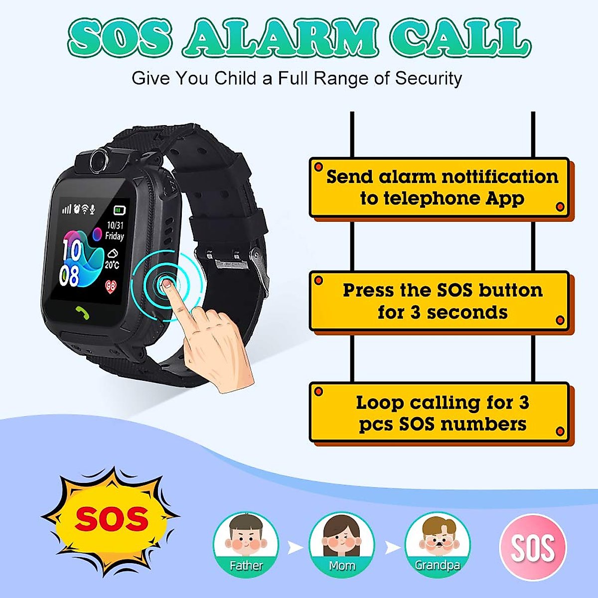Kids Smart Watch, IP67 Waterproof LBS Positioning Watch HD Touch Screen, with SOS Two-Way Call Clock Camera SIM Card Slot Compatible with iOS and Android（Black）