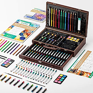 Norberg & Linden Art Supplies, XXL144 Art Set in Deluxe Wooden Box with Drawer Includes Crayons, Oil Pastels, Watercolor Paints, Colored Pencils, Sharpener, Sketch Pad for Adults and Kids