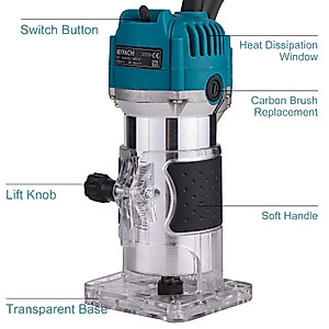 AKYPACH Wood Router Tool Electric Hand Trimmer Laminate Milling Engraving Hand Machine Joiner 110V 800W with 15pcs Trim Router Bits Slotting Carving 1/4" Collets Woodworking Tool