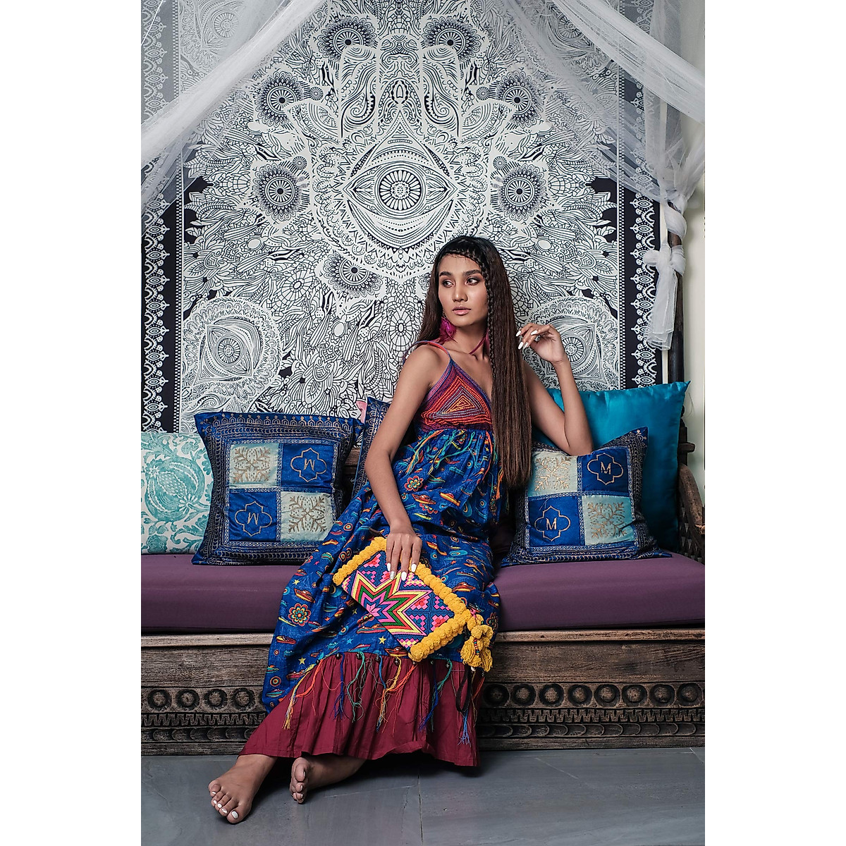 Yellow Pom Pom Clutch Bag with Embroidered Hmong Tribes Star Pattern