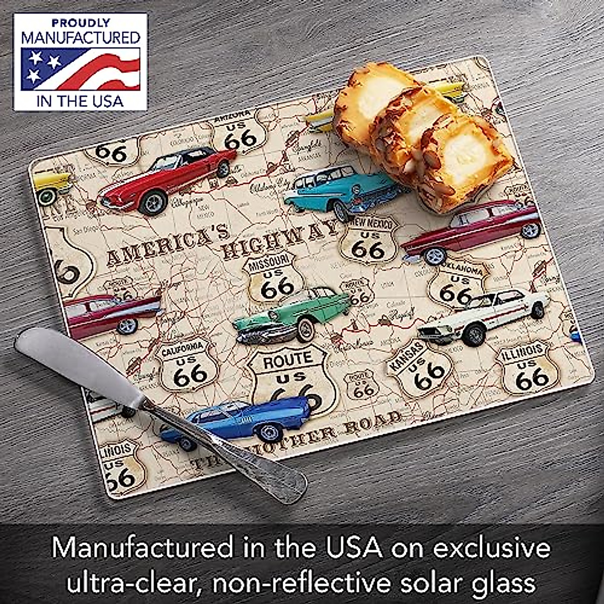 CounterArt Route 66 Map 3mm Heat Tolerant Tempered Glass Cutting Board 10” x 8” Manufactured in the USA Dishwasher Safe