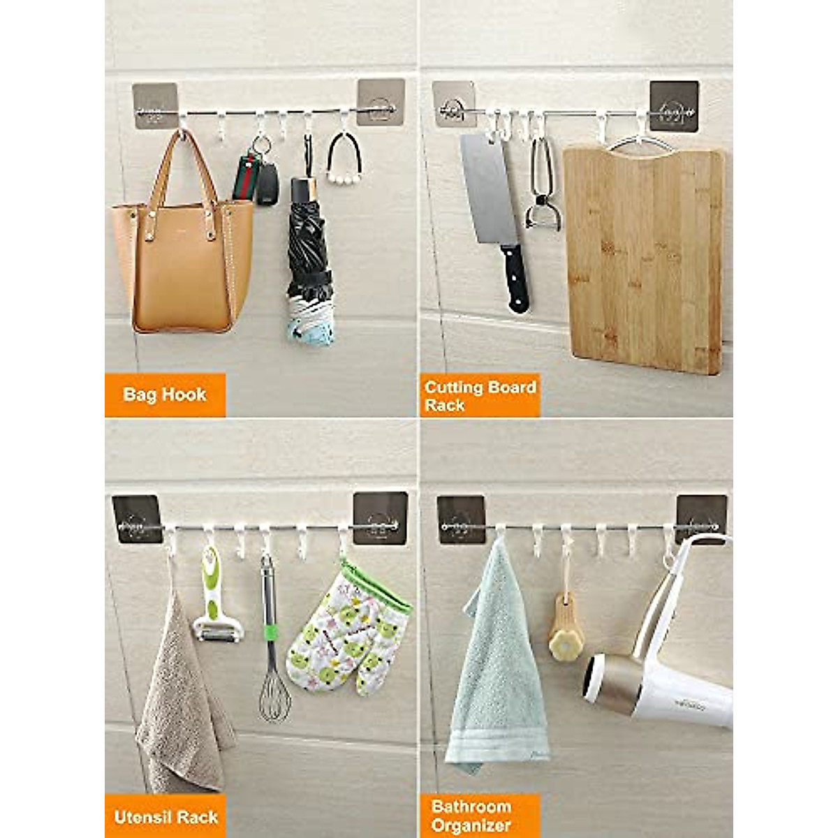 MELOYOU Kitchen Rail Utensil Rack Organizer Wall Mount with 12 Sliding Hooks No Drilling Hanging Rack for Kitchen,Pot Pan,Towel Pack of 2