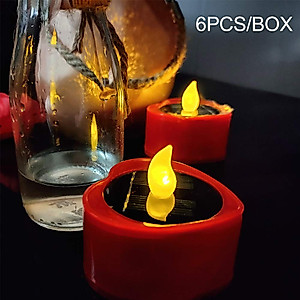 Solar Tea Lights Candles, 6pcs Heart Shaped LED Flameless Candles Rechargeable Electric Fake Candles for Valentine's Day Wedding Christmas Thanksgiving Home Party Decoration (Red Shell Yellow Flash)