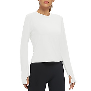 Bestisun Women's Workout Long Sleeve Athletic Wear Yoga Shirts Thumb Hole Sweatshirts Open Back Running Shirts Exercise Clothes White M
