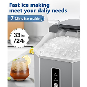 Joy Pebble Nugget Ice Maker, 10,000pcs/33lbs/Day, Portable Handheld Nugget Ice Maker Machine with Handle, Ice Makers Countertop Self-Cleaning, Ice Scoop and Basket, for Home/Office/Party, Silver