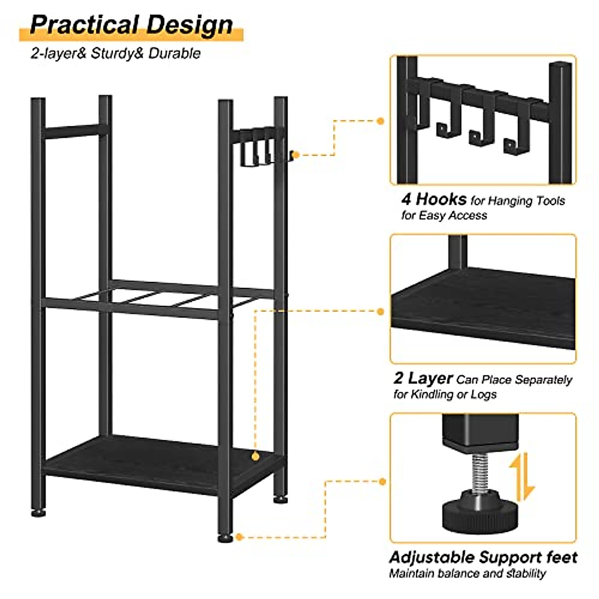 NANANARDOSO Firewood Rack Holder, Fire Wood Log Storage Stand with Kindling Holder for Indoor Fireplace, Outdoor Patio Fire Pit Stove, Fireplace Tools, Fire Wood Racks with 4 Hanging Hooks