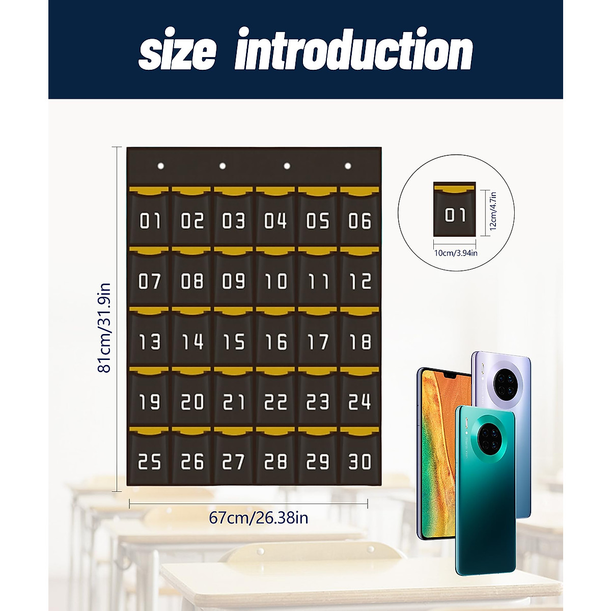 Numbered Hanging Pocket Chart, Classroom Mobile Phone Bag Digital Pocket, Wall Door Hanging Organizer for Teacher Student Hanging Cards Cell Phones Sundries (Fuchsia, 30 Pockets)