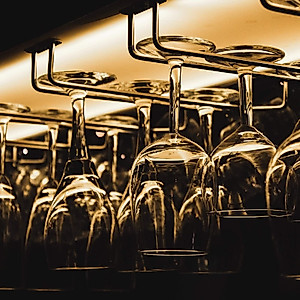 Dicunoy 6 Pack Black Wine Glass Rack, 14 Inch Under Cabinet Stemware Holder, Wall Mounted Iron Wine Glass Hanging Rack for Shelf, Kitchen, Bar, Wine Cellar Storage, Organizer, Display