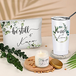 Sieral 3 Pcs Christian Gifts for Women Faith Be Still and Know Be Strong and Courageous Inspirational Travel Mug Tumbler Christian Prayer Candle Religious Bible Verse Cosmetic Bag for Mother(Still)