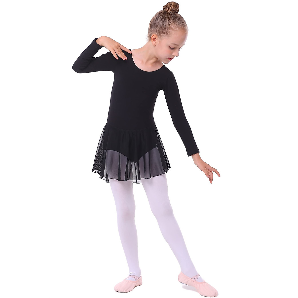 MdnMd Long Sleeve Dance Leotard Ballet Dress Clothes for Ballerina Girls (Age 6-8, Black)