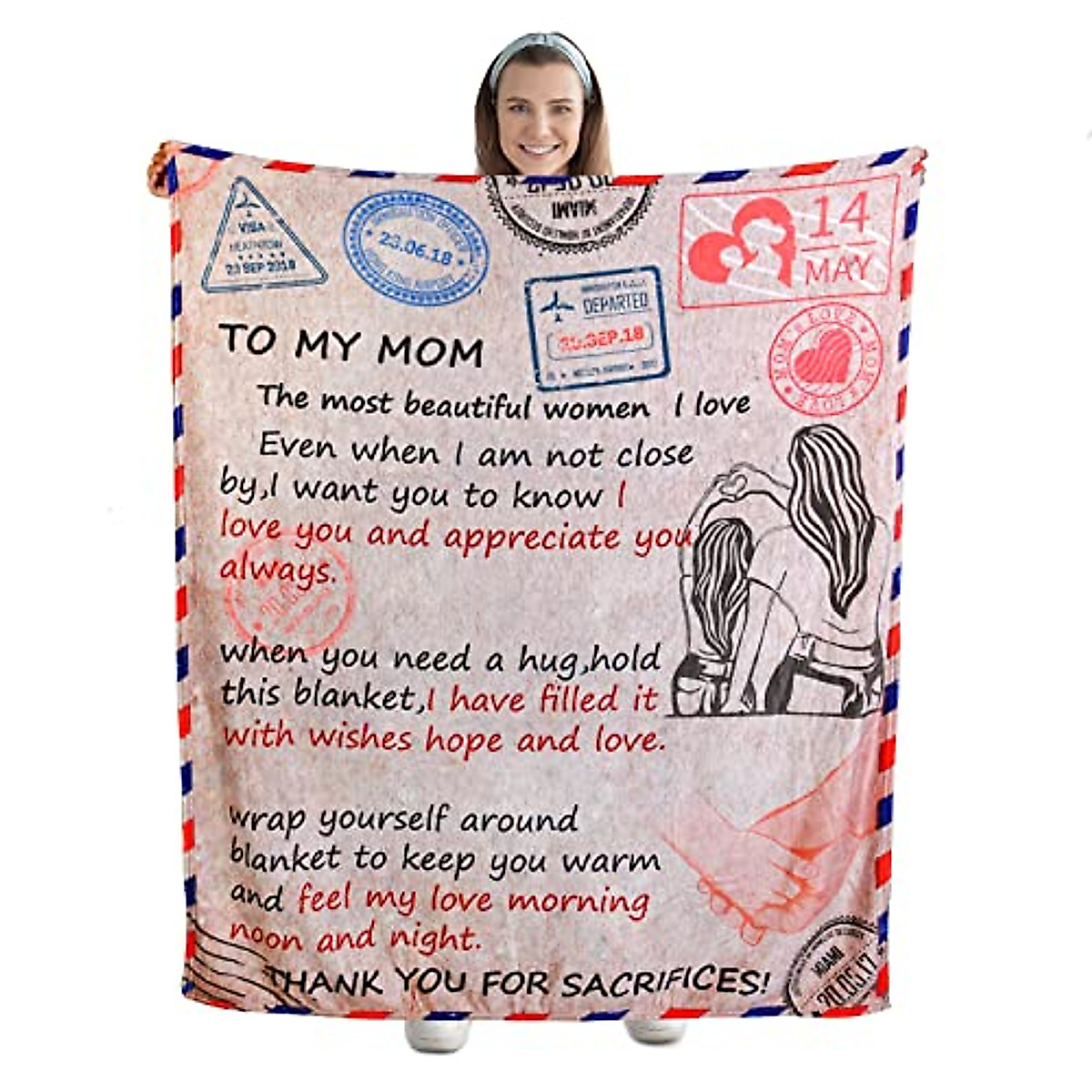 Gifts for Mom, Mothers Birthday Gifts Blanket 50 * 60 inch Basket for Mom Self Care Women Gift Box to My Mom from Daughter Son Includes Bath Balls Candle Soap Headband Hair Ties