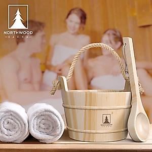 Northwood Sauna Bucket and Ladle Set - Handmade from Finnish Pine Wood - Plastic Liner and Rope Handle