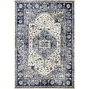 Persian-Rugs Distressed Ivory 5x7 Area Rug, Blue French Country Rug for Living Room and Kitchen
