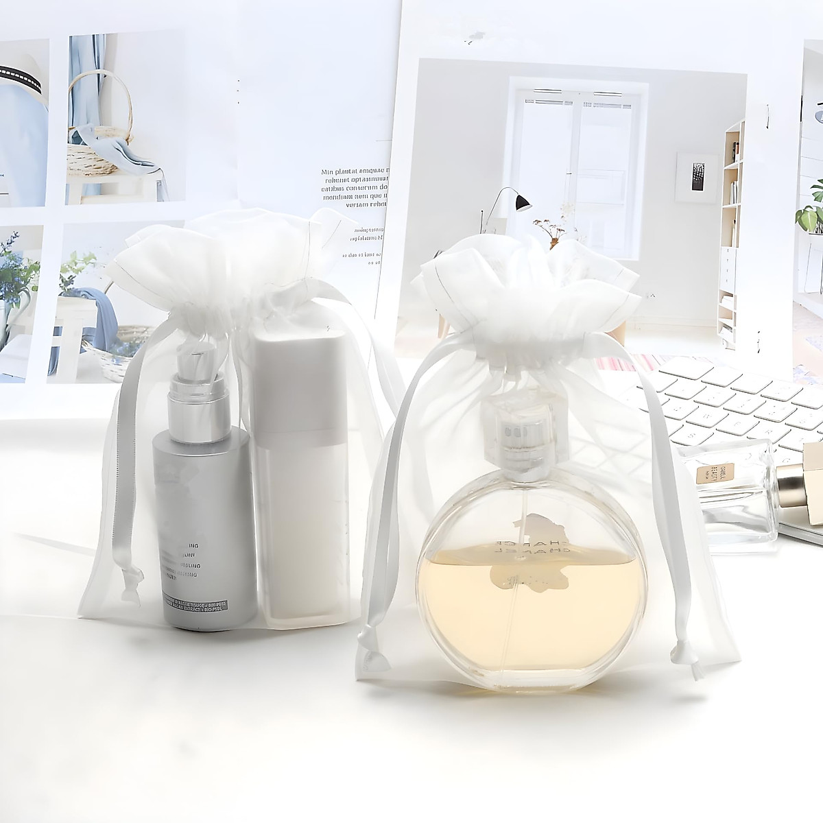 AB Max Organza Drawstring Bags - Wedding Favor Gift Bags Goody Bags Jewelry Pouches 5x7 Inches Fruit Protection Mesh Bags White 10 Pieces