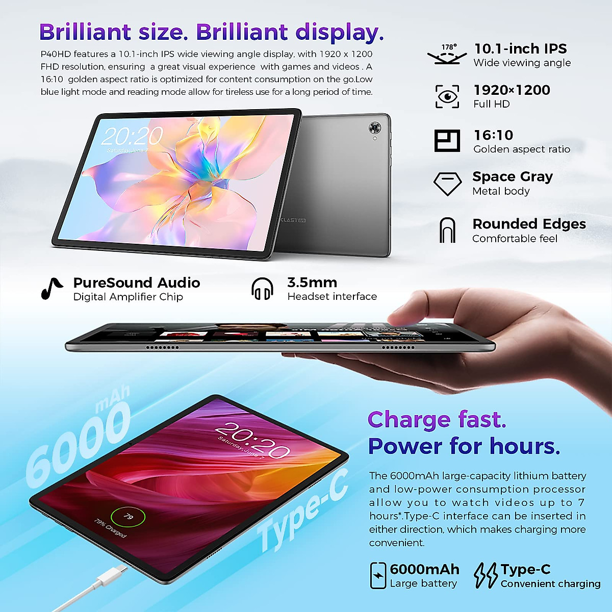 TECLAST Tablet 10 inch Android 12 Tablets, P40HD 12GB+128GB Tablet, 8 Core Android Tablet with 1TB Expand, 1920 * 1200 IPS, 2.4G/5G WiFi, Bluetooth, GPS, 6000mAh, Dual Camera Speaker