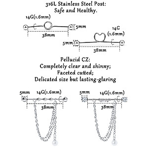 Goerhsjie Industrial Piercing Jewelry 14g Industrial Chain Earrings for Women 14 Gauge Long Industrial Bar Piercing Cute Silver Surgical Steel Industrial Barbell