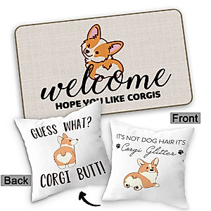 FLDAS Hope You Like Corgis Welcome Door Mat Doormat 17”x30”,It's Not Dog Hair It's Corgi Glitter Reversible Throw Pillow Cover 18”x18”,Set of 1 Pillow Cover 1 Doormat Decor for Home Girls Kids Room