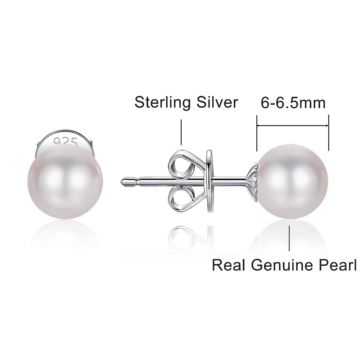 Pearl Stud Earrings for Women 925 Sterling Silver Sensitive Genuine 6mm White Real Round Freshwater Cultured Pearls Everyday Earrings Studs Ladies