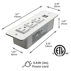 Conference Recessed Power Strip with USB Mountable Power Outlet Built in Desktop Workbench Drawer Cabinet 10'ft Heavy Duty Power Cord White