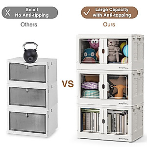 BROVIEW V7 4 Pack Stackable Storage Bins, 416QT 104 Gal Closet Organizers and Storage with Doors, Plastic Collapsible Storage Bins with Lids and wheels, Folding Storage Box for Home Dorm, Cream White