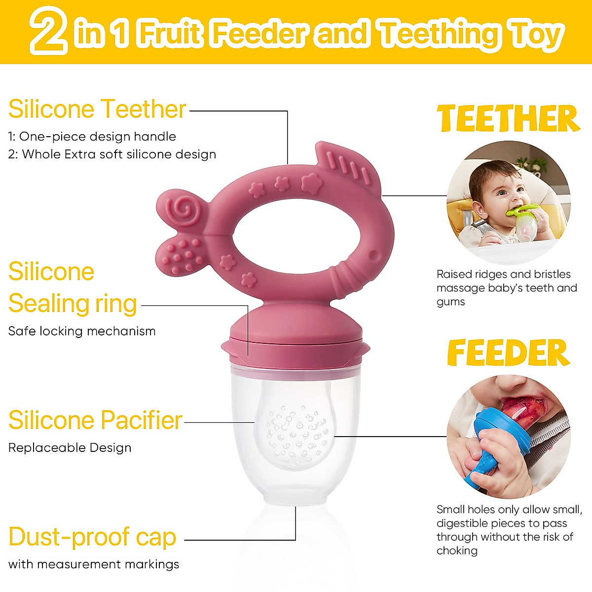 Baby Fruit Feeder Pacifier - Baby Teething Toys for 0-6 6-12 Months, Baby Teethers for Teething Relief, Silicone Fresh Food Feeder for Safe Infant Self Feeding, Baby Essentials (2 Pack)