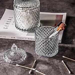 Qtip holder for bathroom,Cotton swab holder,Floss-Small Clear Glass Canister Apothecary Jar Set,Vanity Makeup Organizer,Qtips dispenser,pad container Round Pads tips swabs ball set