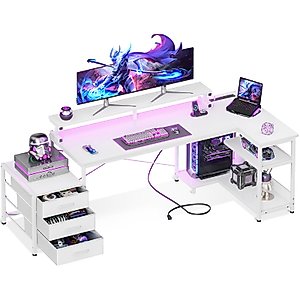 AODK L Shaped Gaming Desk with Drawers, Reversible Corner Computer Desk with LED Lights & Power Outlets, Large Home Office Desk withMonitor Stand & Storage Shelf, 58Inch - 71Inch, White