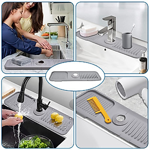 Kitchen Sink Splash Guard, Silicone Faucet Handle Drip Catcher Tray Fits the Faucet Tube within 2.5", Kitchen Sponge Holder Faucet Absorbent Sink Protectors Mat (17.7" x 5.5")